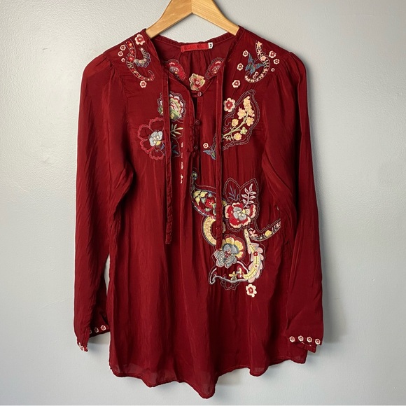 Johnny Was | Tops | Johnny Was Maroon Floral Embroidered Peasant Tunic ...